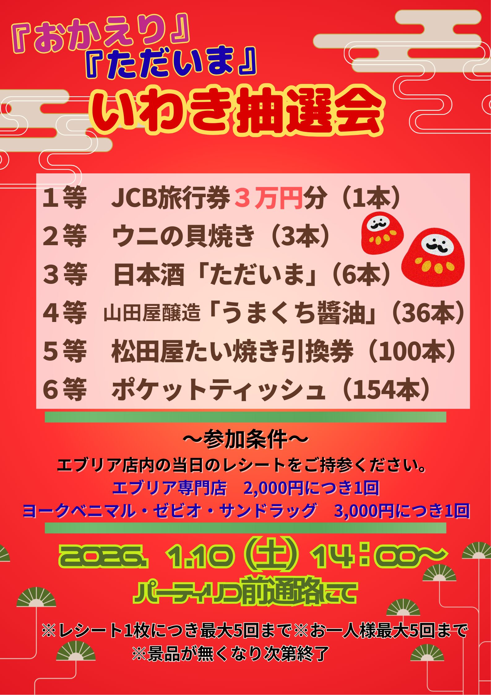 「おかえり」「ただいま」いわき抽選会 2026/1/10 - いわきエブリア